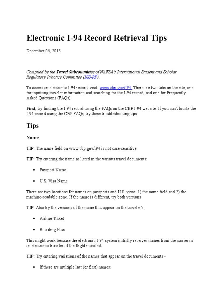 Electronic I-94 Retrieval Tips | PDF | Passport | U.S. Customs And ...