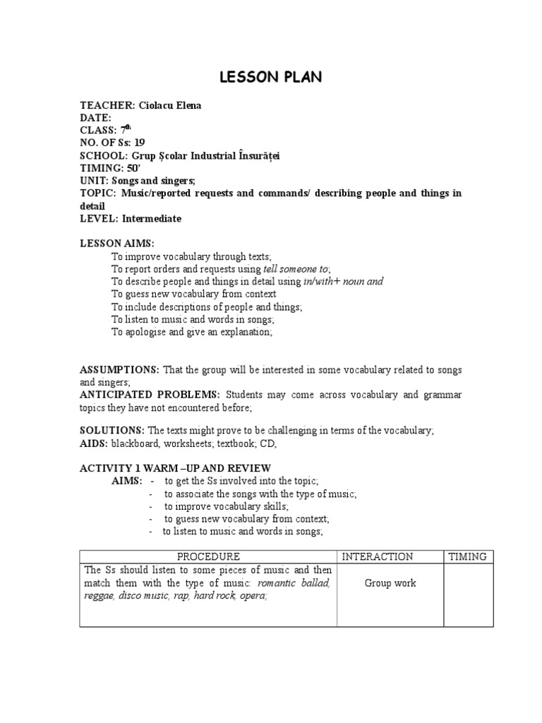 LESSON PLAN Songs and Singers | Download Free PDF | Vocabulary | Lesson ...