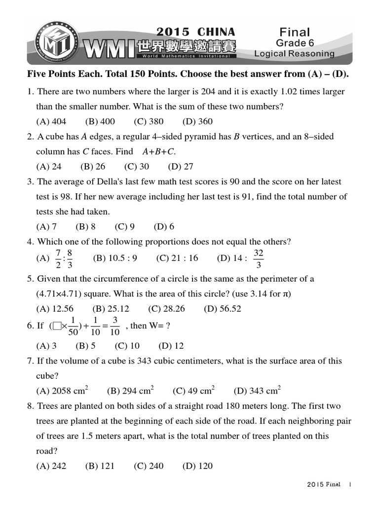 2015 WMI Grade 6 Questions Part 1 PDF PDF Space Teaching Mathematics