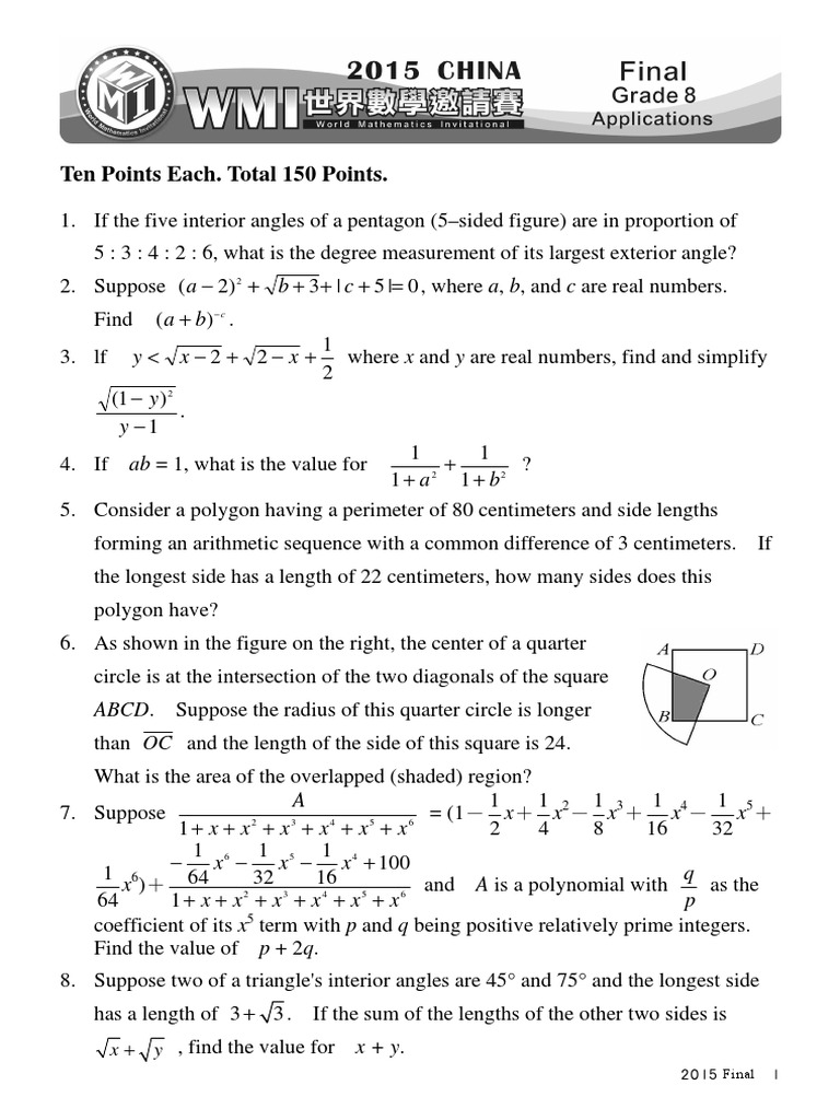 2015 WMI Grade 8 Questions Part 2 PDF | PDF