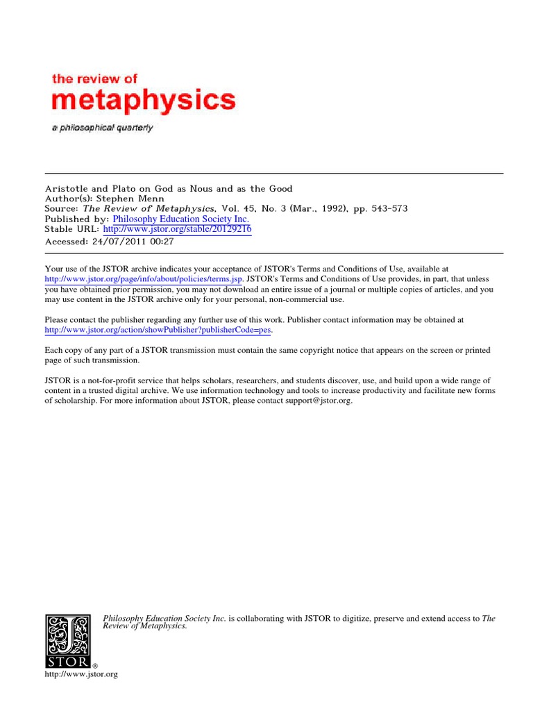 Stephen Menn - Aristotle and Plato On God As Nous and As The Good PDF ...