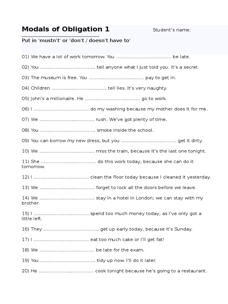 Modals of Obligation EXERCISE 01 | PDF