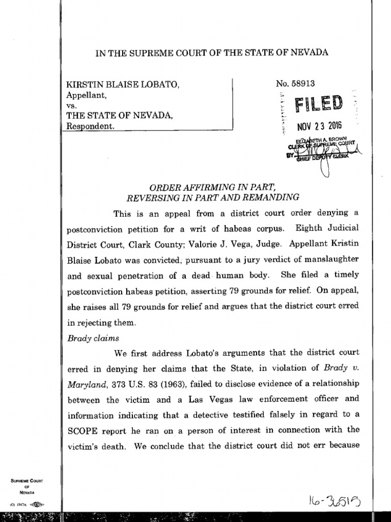 Kirstin Blaise Lobato NV Supreme Court Order | PDF | Actual Innocence ...