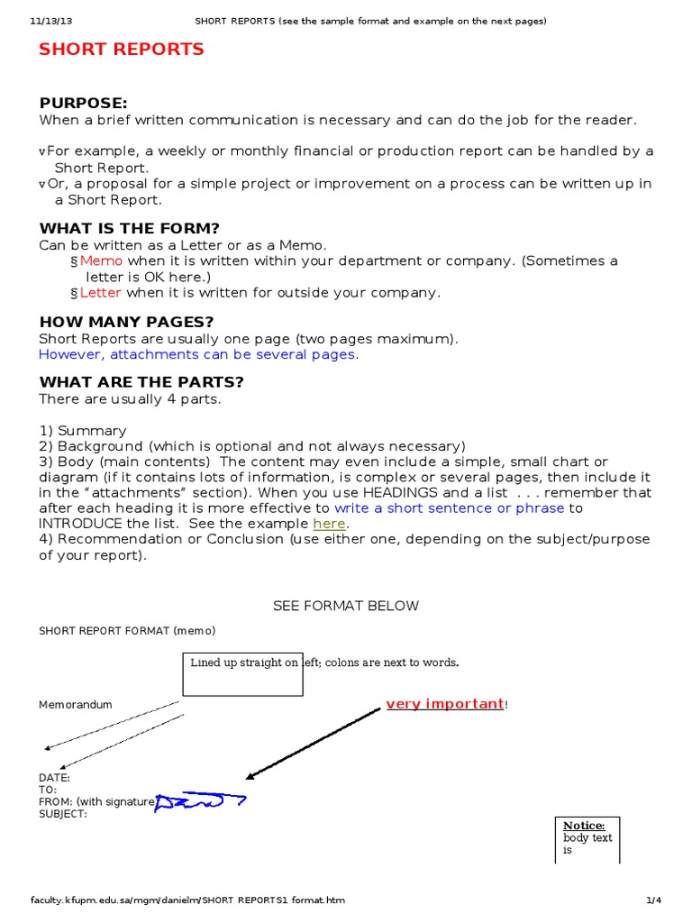 SHORT REPORTS (See The Sample Format and Example On The Next Pages ...