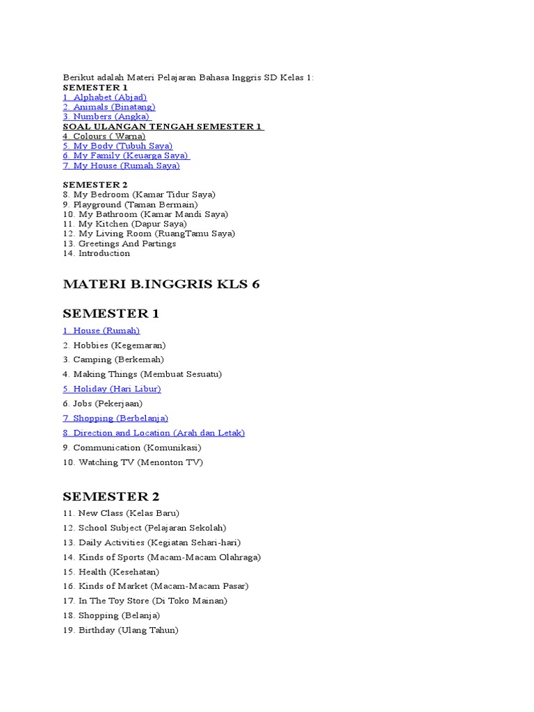 Berikut Adalah Materi Pelajaran Bahasa Inggris SD Kelas 6 | PDF