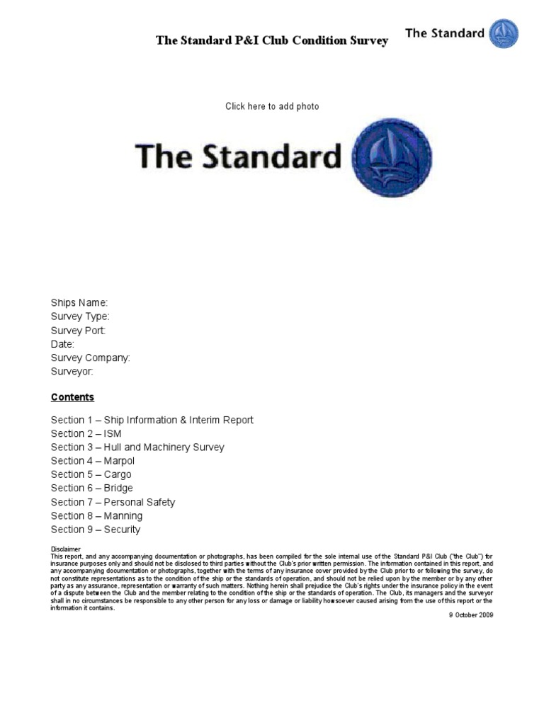 Standard P&I Club Condition Survey Report | PDF | Fuel Oil | Ships