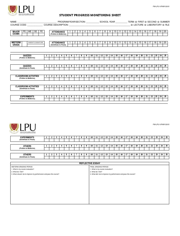 LPU-B Student Progress Monitoring Sheet | PDF