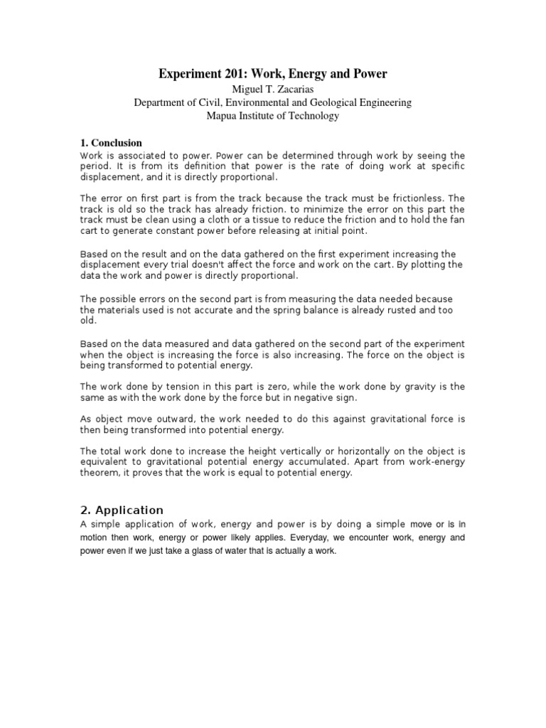 Experiment 201: Work, Energy and Power | PDF | Teaching Methods ...