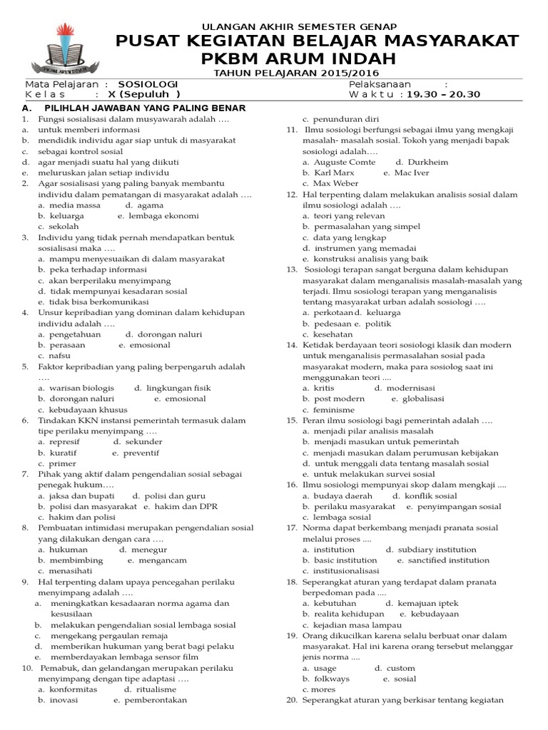 Soal Ukk Sosiologi Sma Kelas 10 | PDF