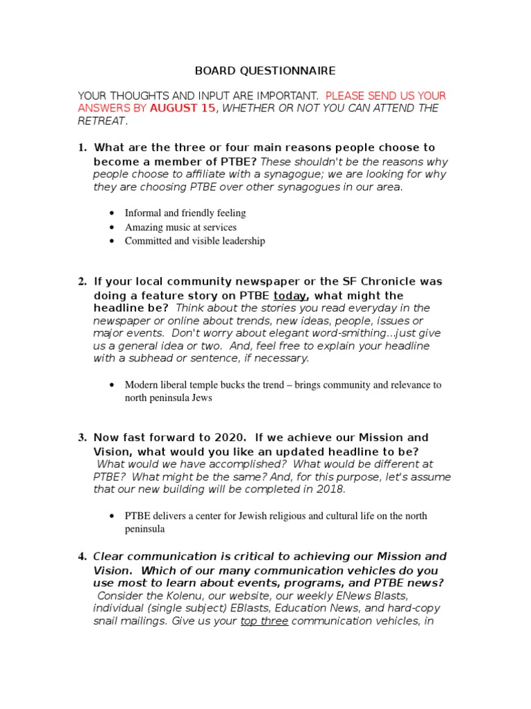 Board Mini-Retreat Questionnaire | PDF | Synagogue | Jews And Judaism