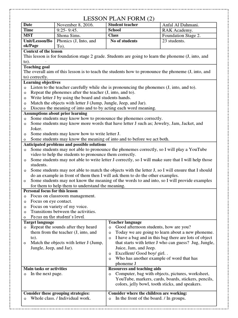 Lesson Plan Form 2 | PDF | Classroom Management | Lesson Plan