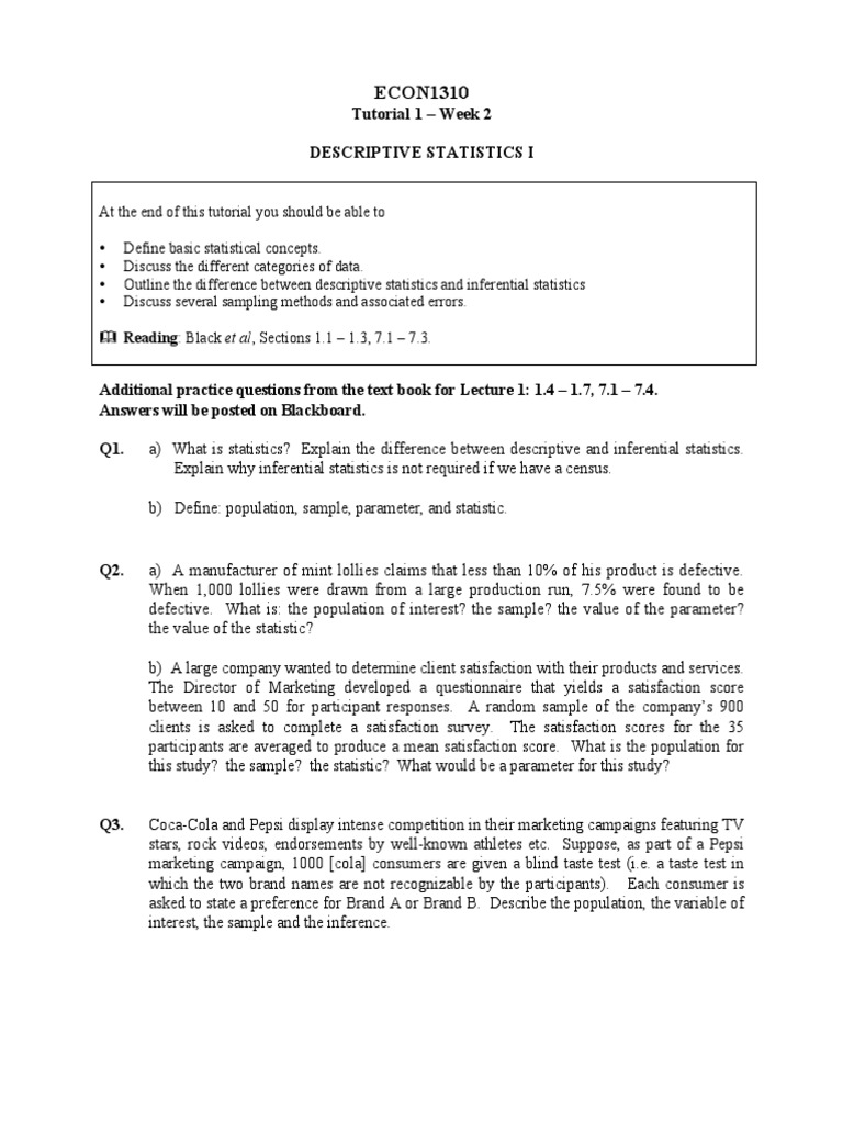 ECON1310 Tutorial 1 | PDF | Statistics | Sampling (Statistics)