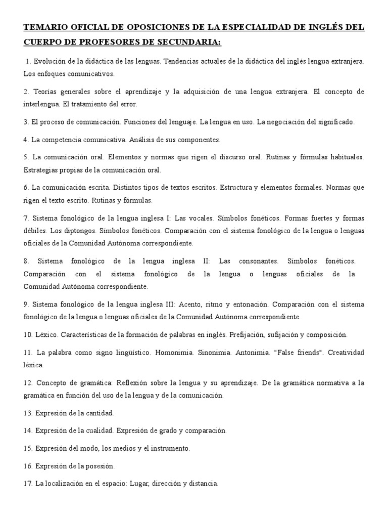Temario Oposiciones Inglés Secundaria | PDF | Fonología | Idioma en Inglés