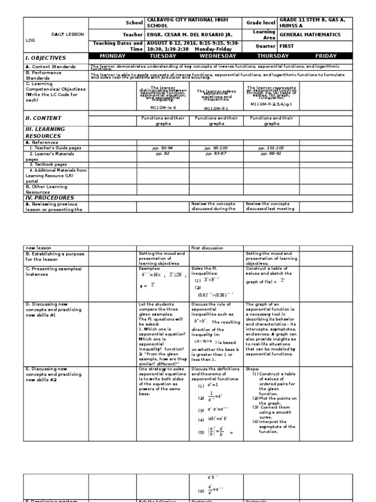 General Mathematics Daily Lesson Log | Logarithm | Exponential Function