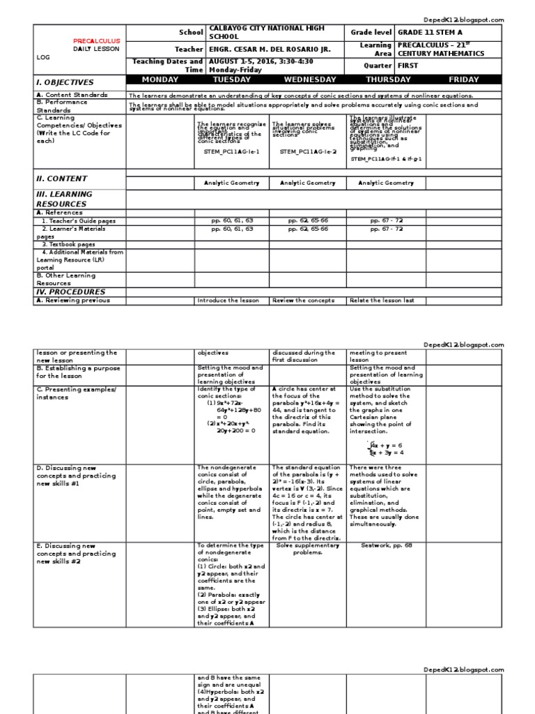 Precalculus Lesson Plans Q1 | PDF | Algebraic Geometry | Analytic Geometry