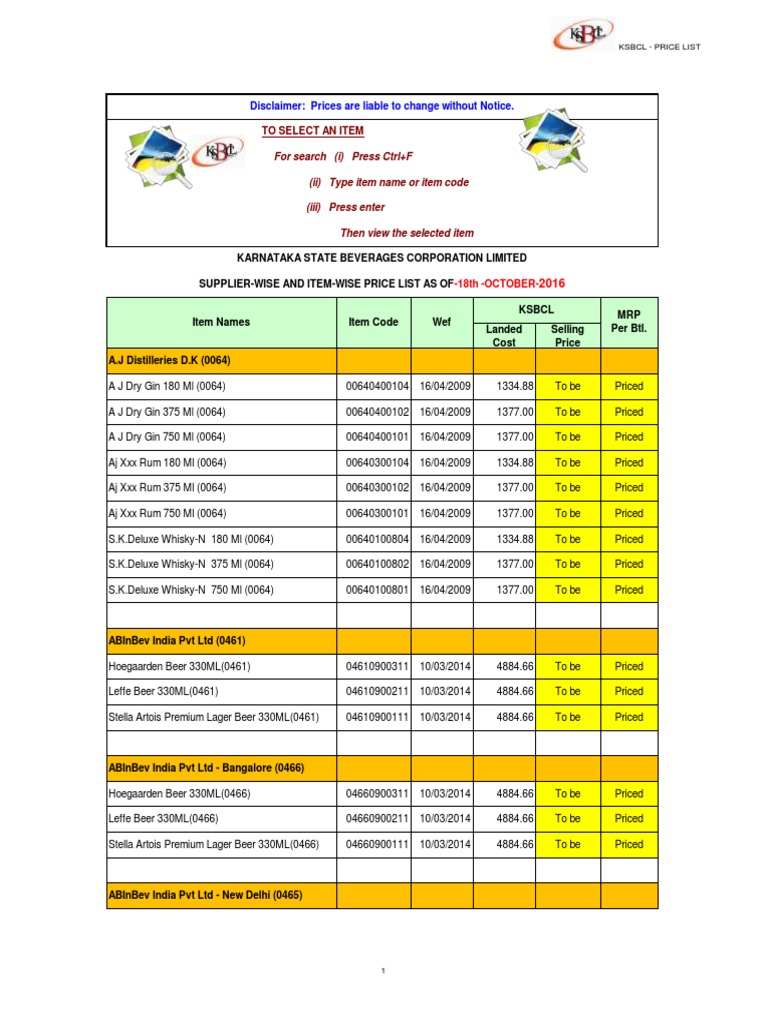 KSBCL Price List | PDF | Scotch Whisky | Wine
