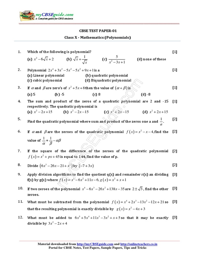 Class 10 Polynomials Test Paper | PDF | Teaching Methods & Materials