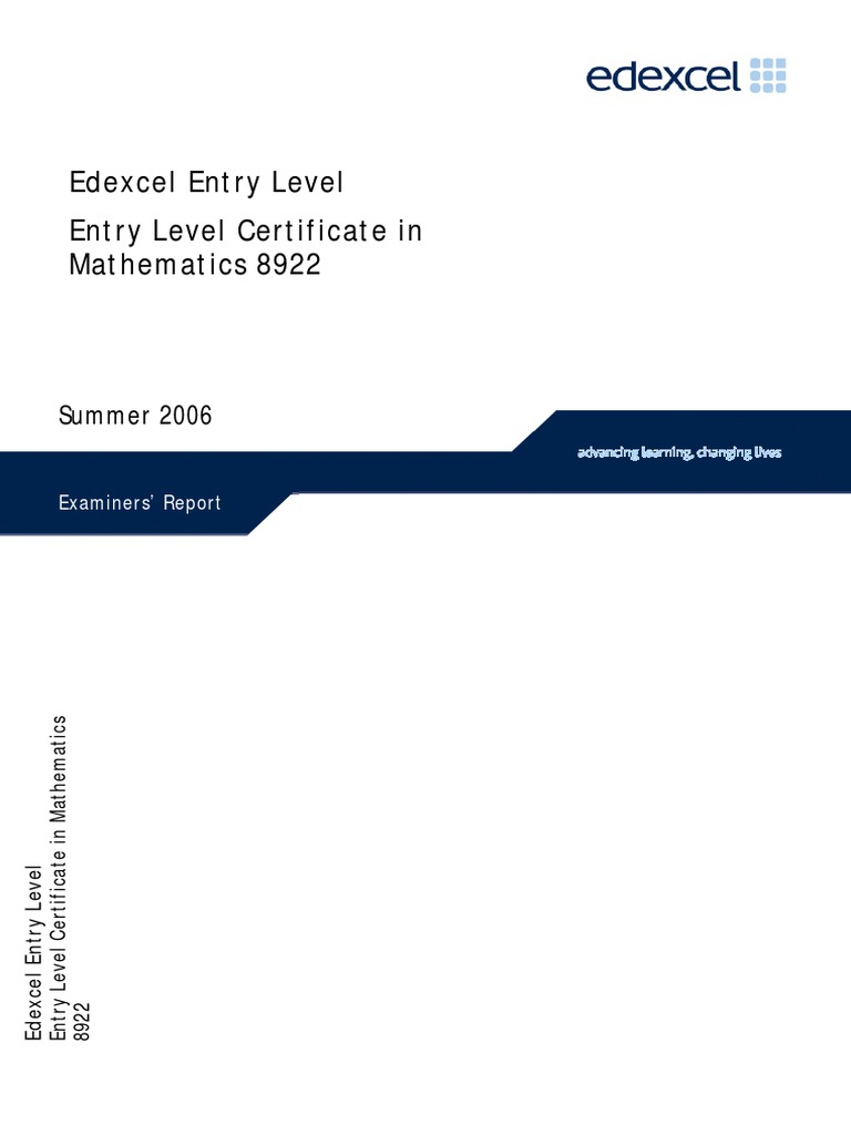 Edexcel Entry Level Entry Level Certificate in Mathematics 8922 | PDF ...