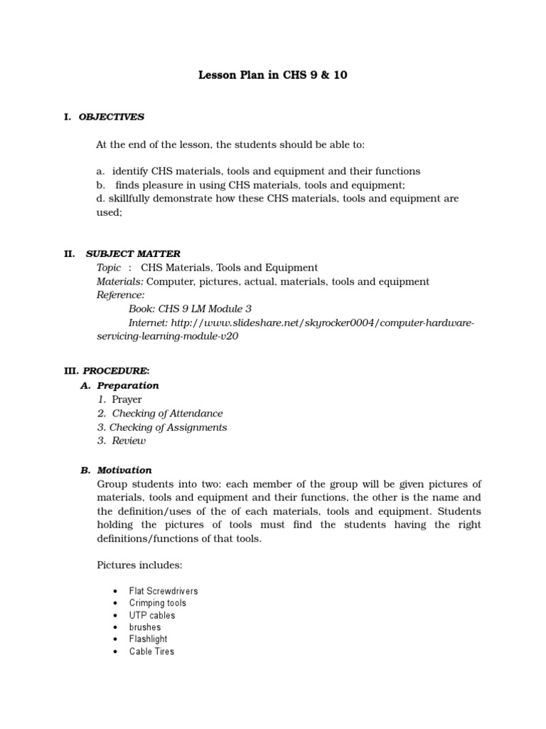 CHS Tools and Equipment Lesson Plan | PDF | Computers