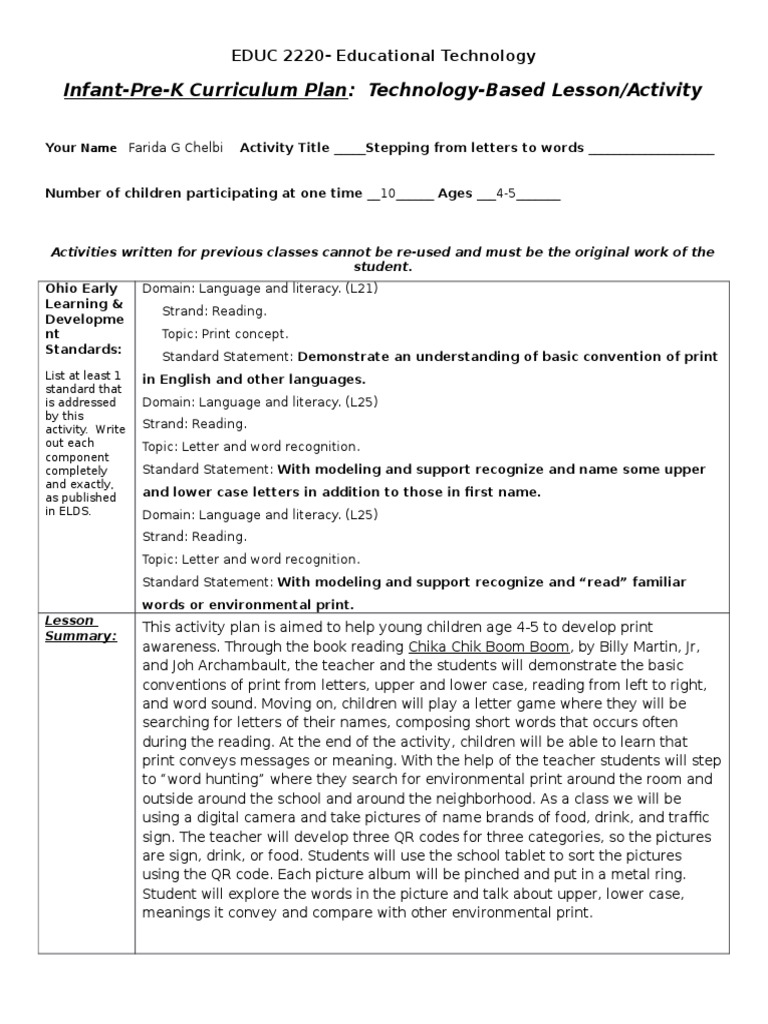 Ed Tech ECDE Activity Plan | PDF | Letter Case | Reading (Process)