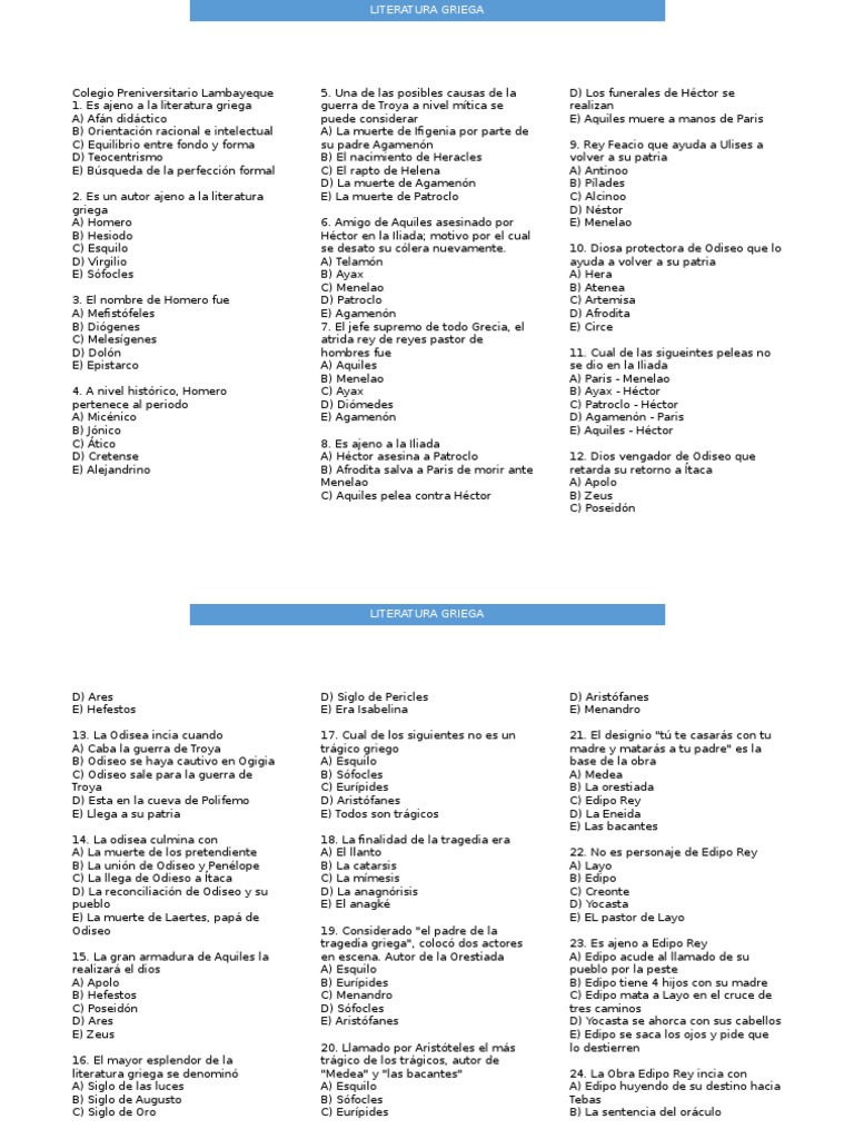 Cuestionario de Literatura Griega | PDF | Edipo | Odiseo