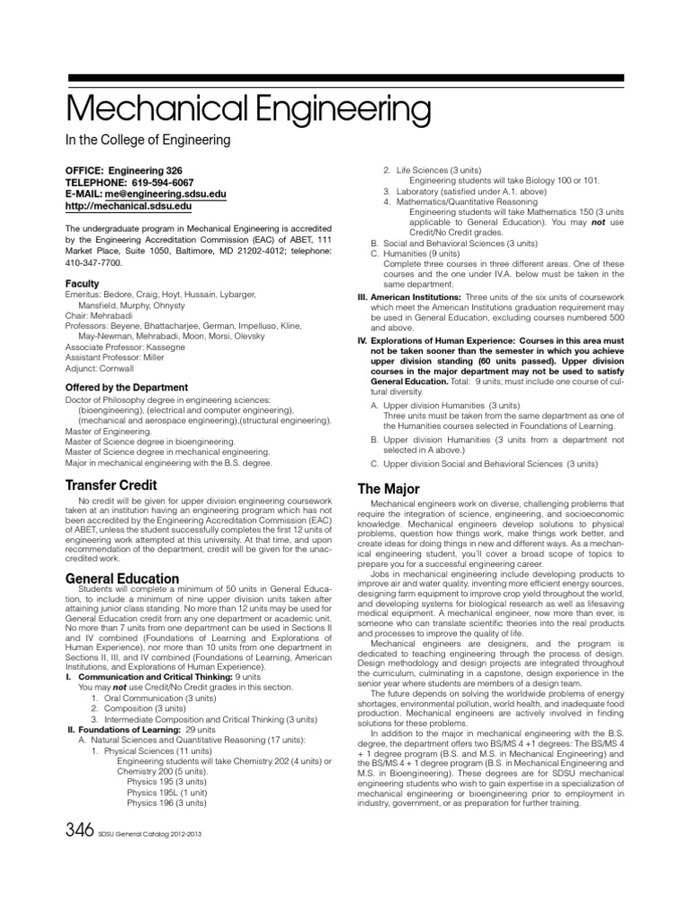 Sdsu Mechanical Engineering | PDF | Master Of Science | Bachelor Of Science