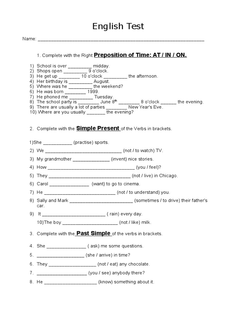 English Test: Preposition of Time: AT / IN / ON | PDF