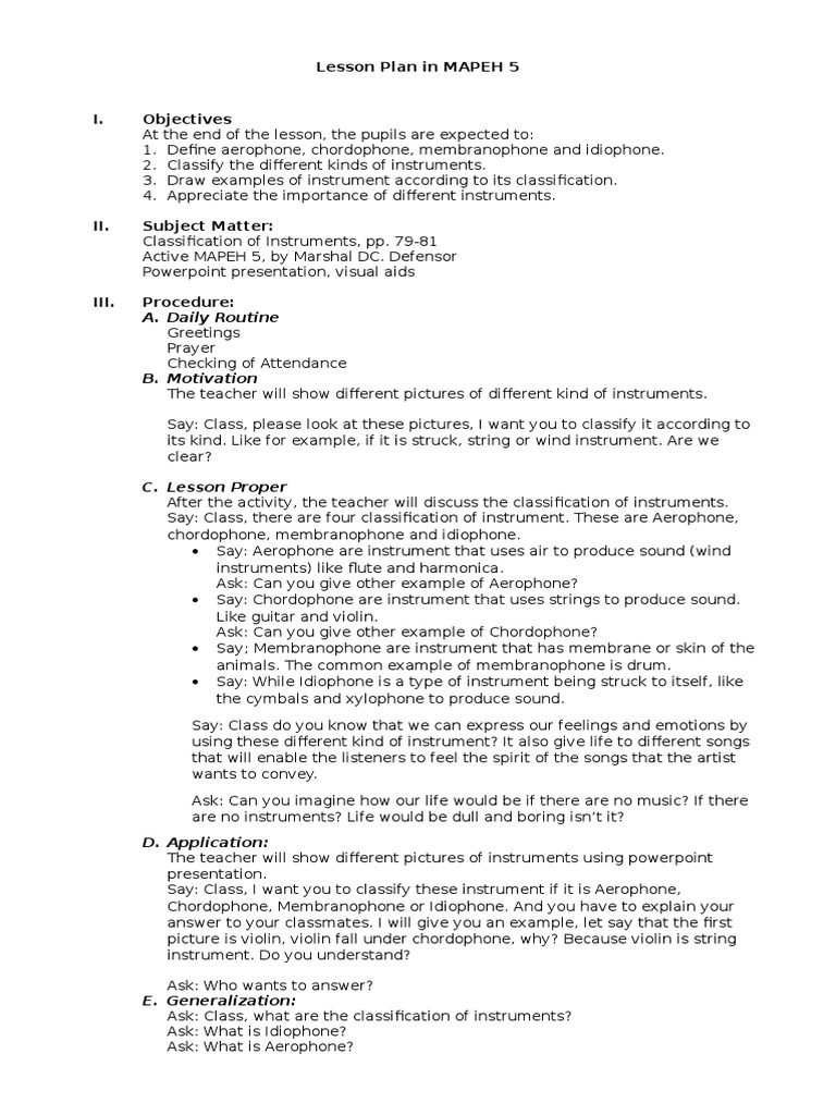 Lesson Plan in MAPEH 5 | PDF | Musical Instruments | Hornbostel Sachs