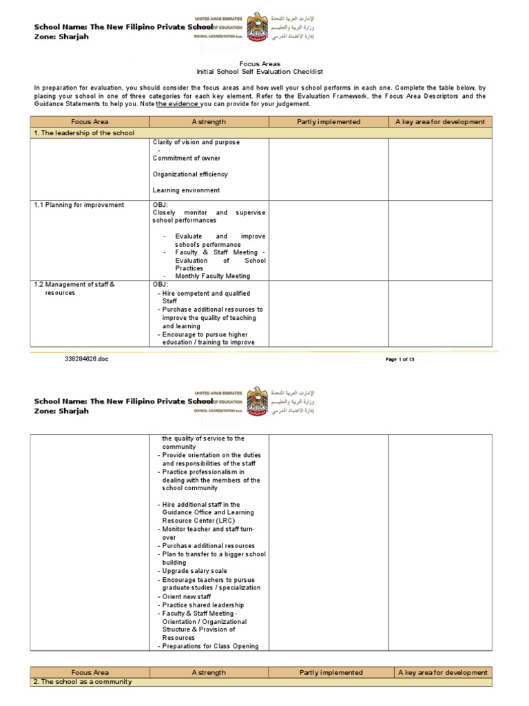 School Self Evaluation Checklist 15-16 | PDF | Educational Assessment ...