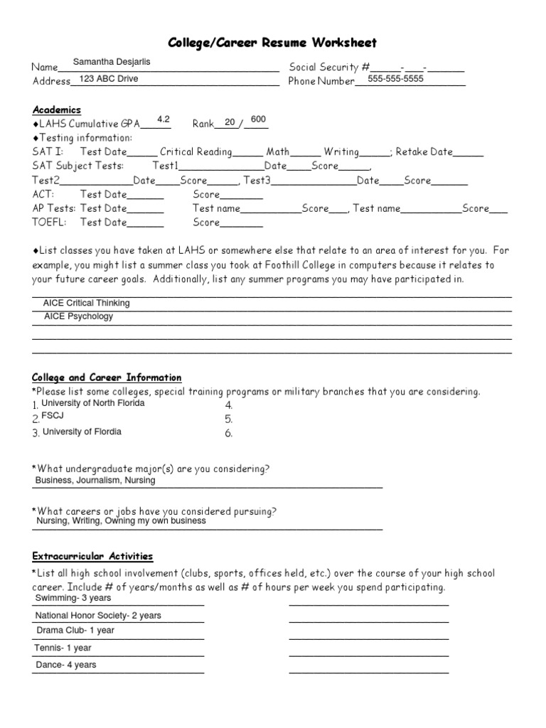 College/Career Resume Worksheet: Academics | PDF | Secondary School ...