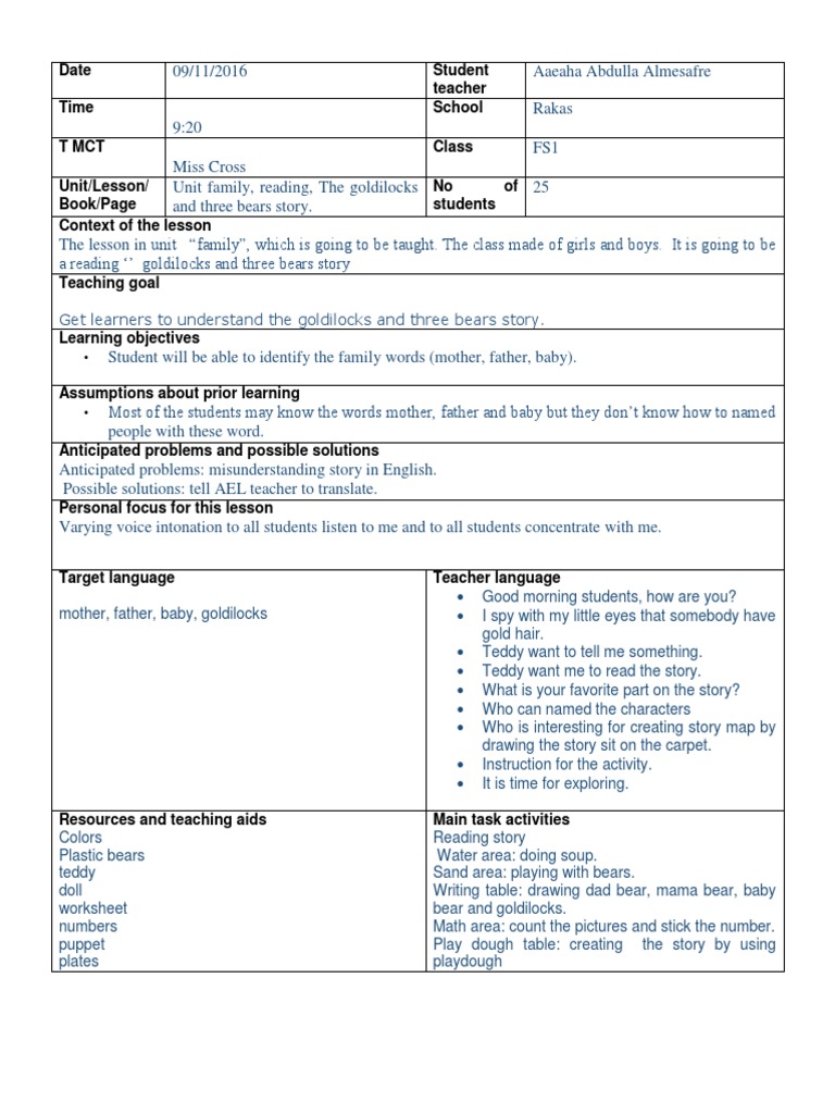 FS1 Lesson Plan: Goldilocks Story | PDF | Lesson Plan | Teachers