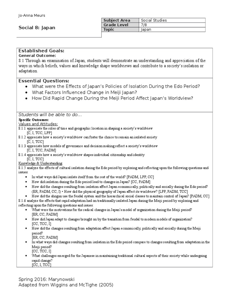 7 8 Social Studies Unit Plan | PDF | Educational Assessment | Japan