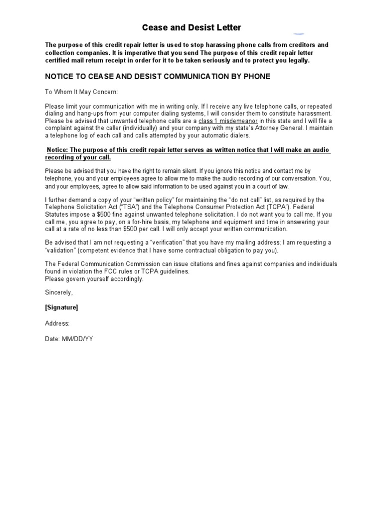 Sample Letter - Cease and Desist Letter | PDF | Finance & Money Management