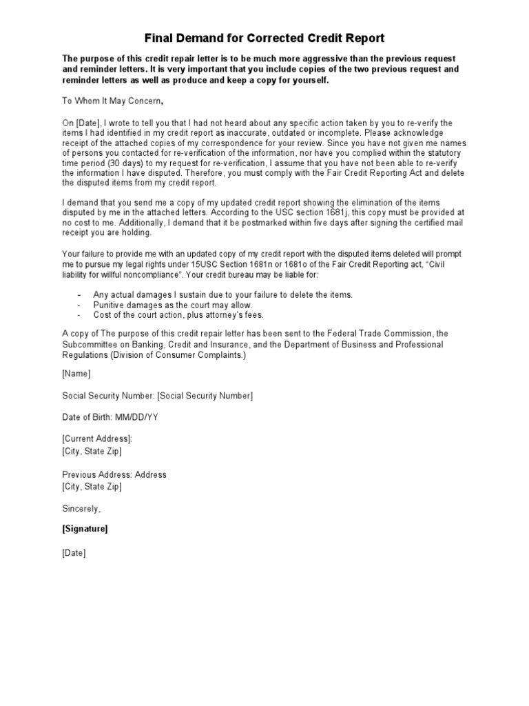 Sample Letter - Final Demand For Corrected Credit Report | PDF ...