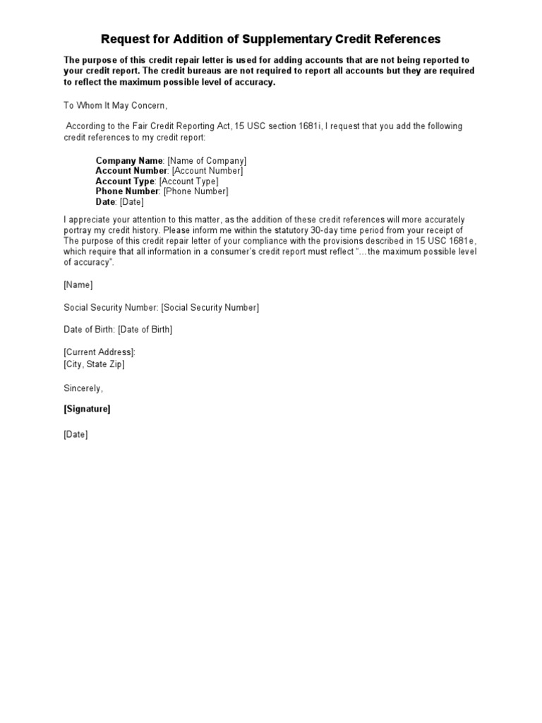 Sample Letter - Request For Addition of Supplementary Credit References ...