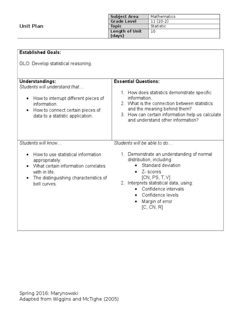 11th Grade Statistics Unit Plan | PDF | Career & Growth