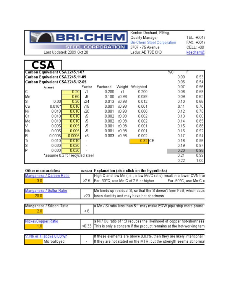 Carbon Equivalent CSA Z245.1-07 Carbon Equivalent CSA Z245.11-05 Carbon Equivalent CSA Z245.12 ...