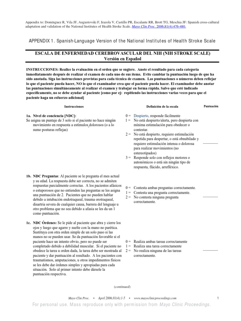 NIH Stroke Scale Spanish Adaptation Appendix | PDF | Afasia | Medicina
