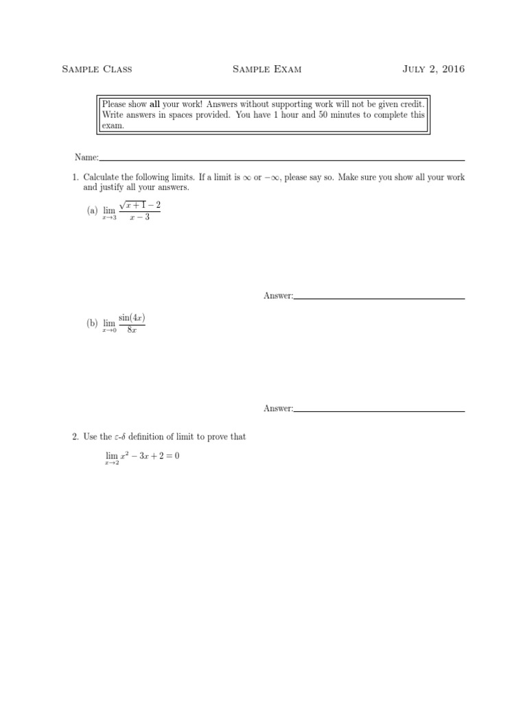 Sample Calculus Exam with Detailed Solutions | PDF