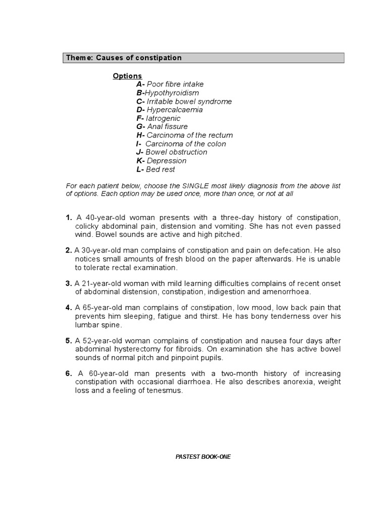 Causes of Constipation Diagnosis Guide | PDF | Constipation | Anemia