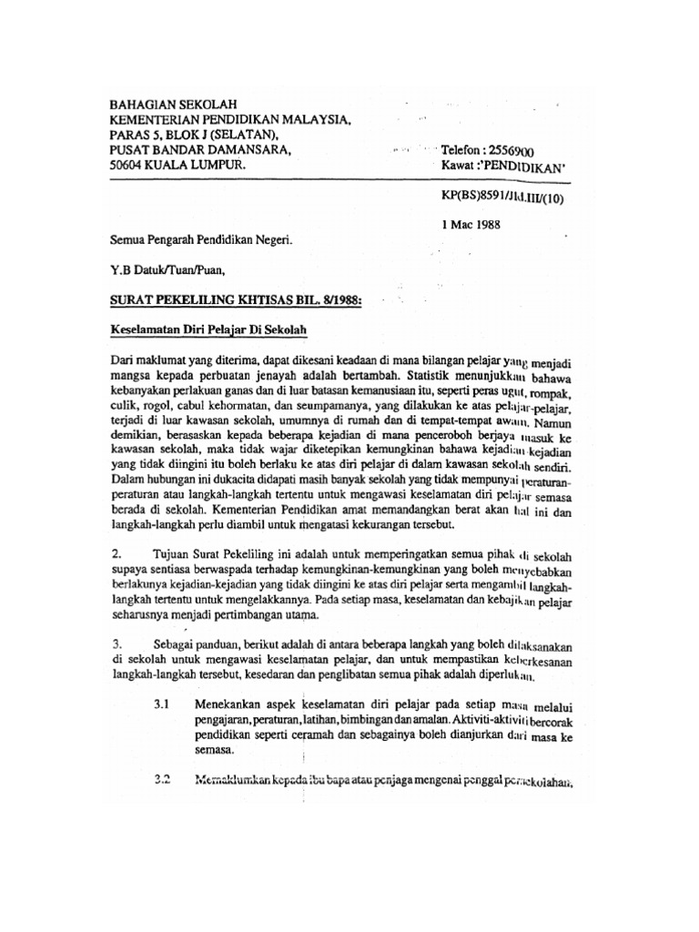 1988 SPI 8-88 Keselamatan Pelajar Di Sekolah PDF | PDF