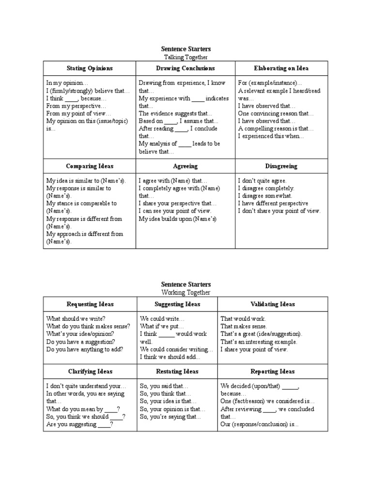 Sentence Starters | PDF