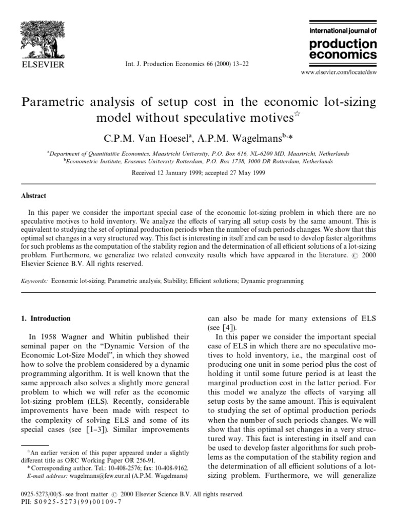 Parametric Analysis of Setup Cost in The Economic Lot-Sizing Model ...
