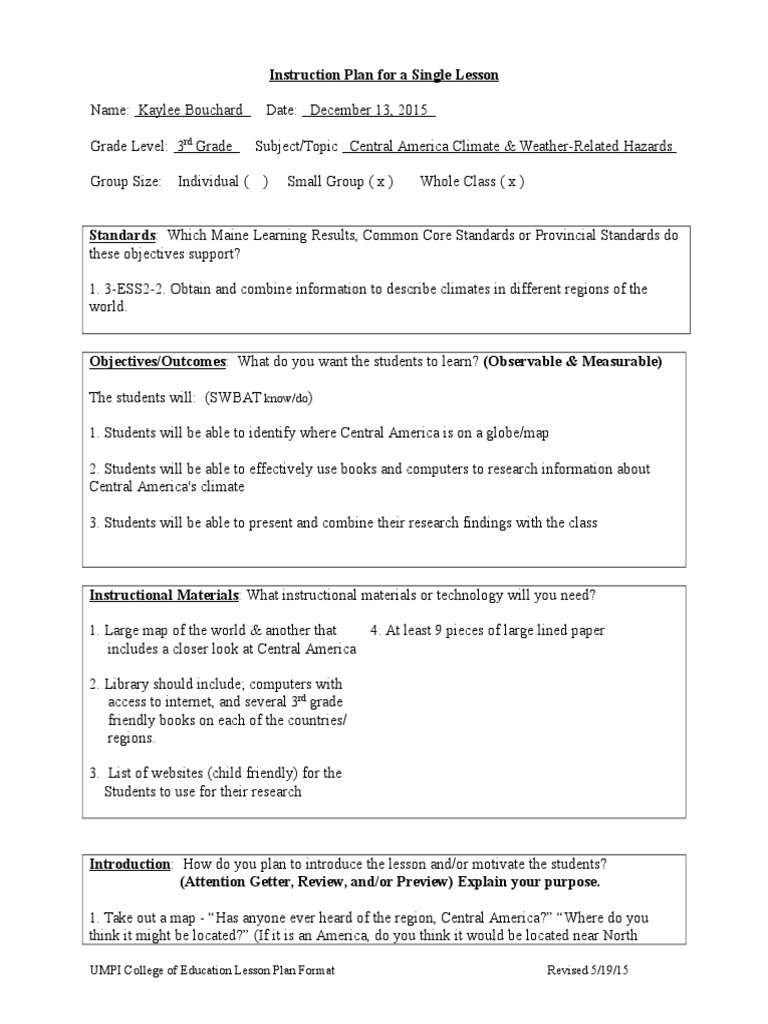 Edu 361 Lesson Plan - Central America Climate | PDF | Cognition | Learning