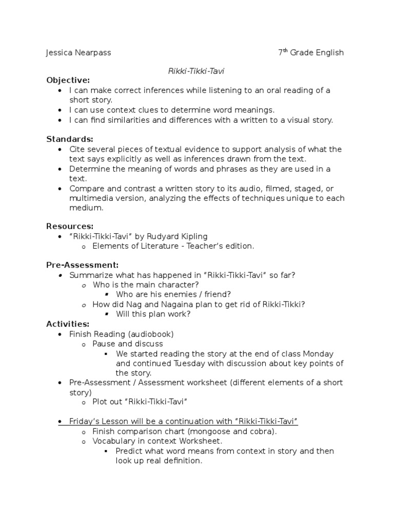 Rikki-Tikki-Tavi Lesson Plan Overview | PDF