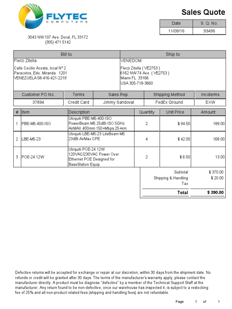 Sales Quote: Bill To Ship To | PDF