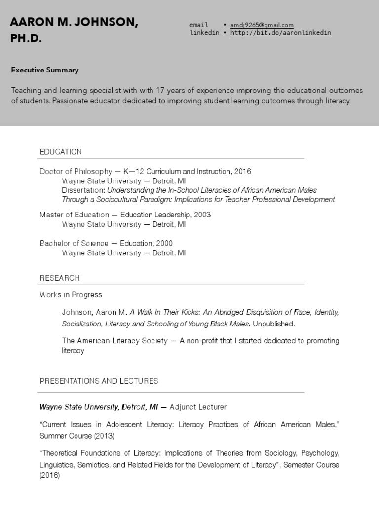 Aaron Johnson - CV - 8 21 16 - For Website | PDF | Leadership | Literacy