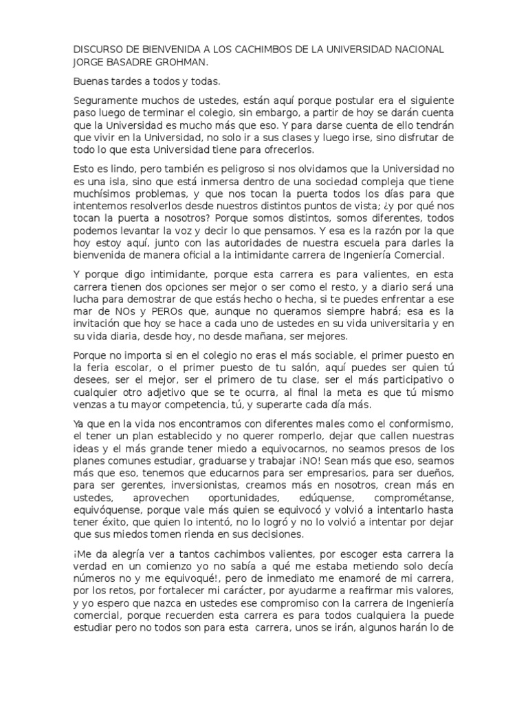 Discurso de Bienvenida A Los Cachimbos | PDF | Toma de decisiones | Ocio