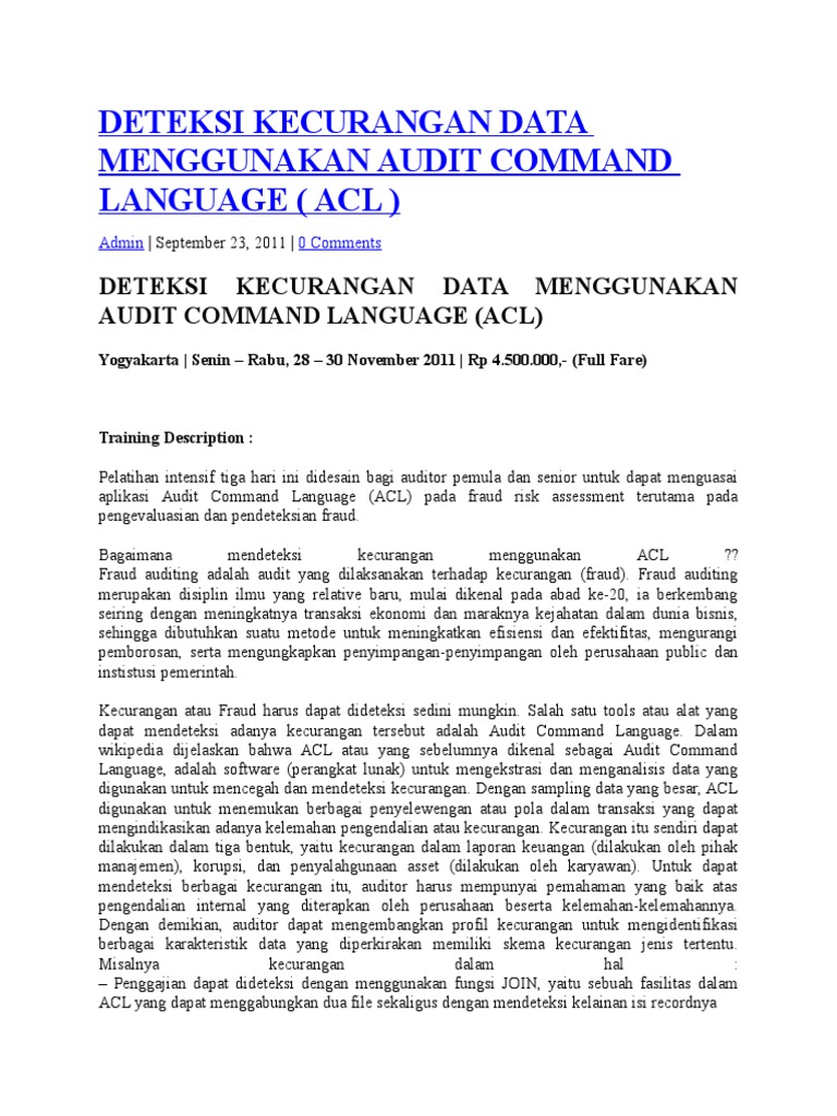 Deteksi Kecurangan Data Menggunakan Audit Command Language (Acl) | PDF