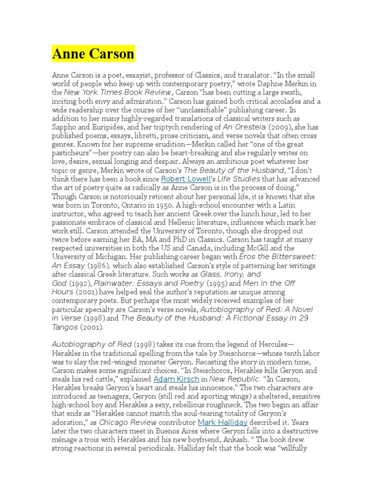 Anne Carson General Info Interviews | PDF | Poetry